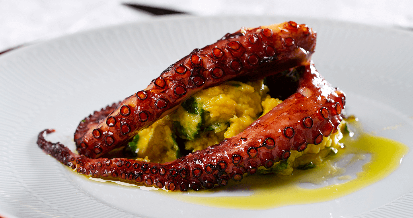 Polvo com esmagada de batata doce e espinafres | Gallo