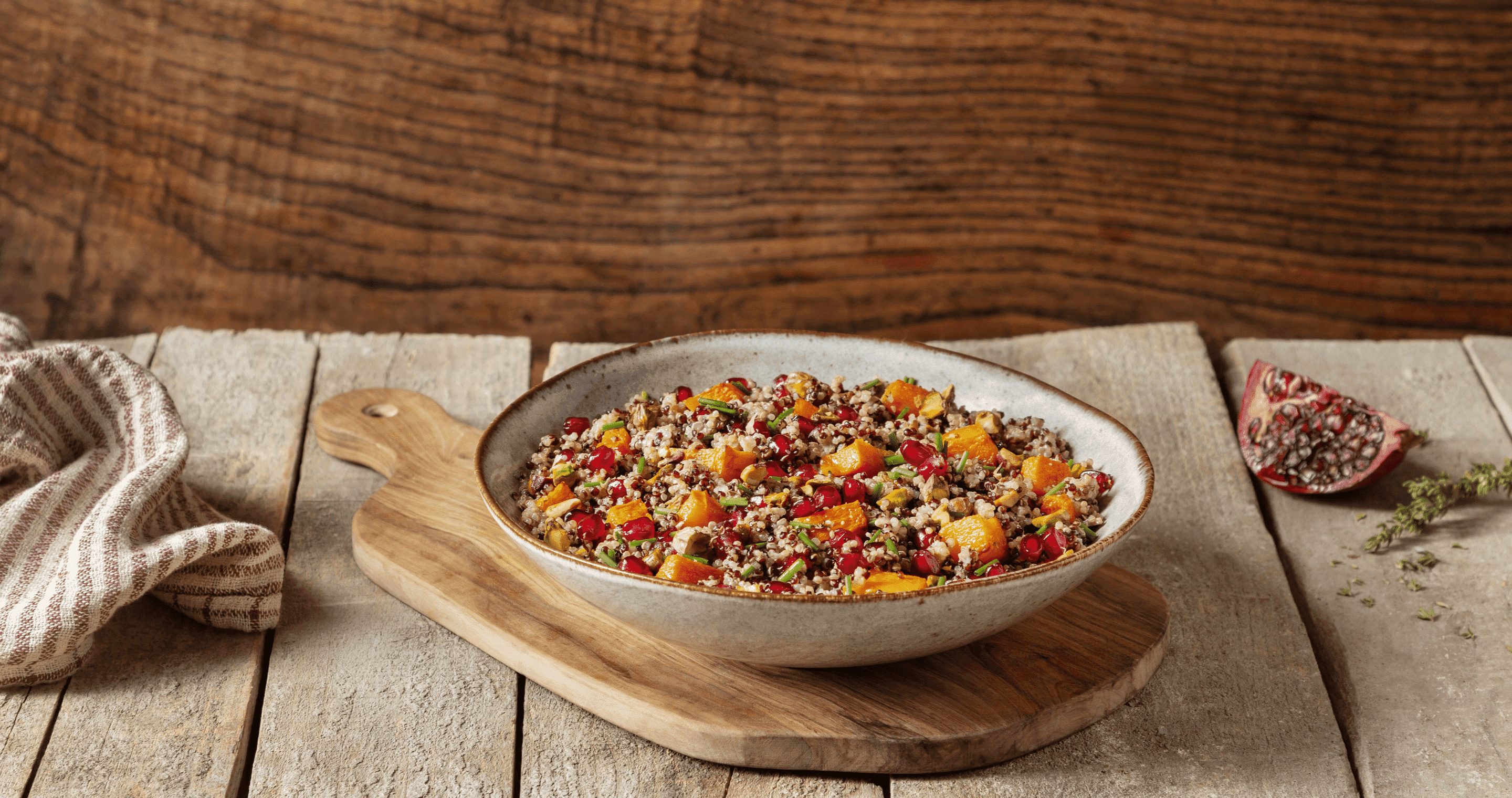 Quinoa com abóbora, espinafres e romã | Gallo